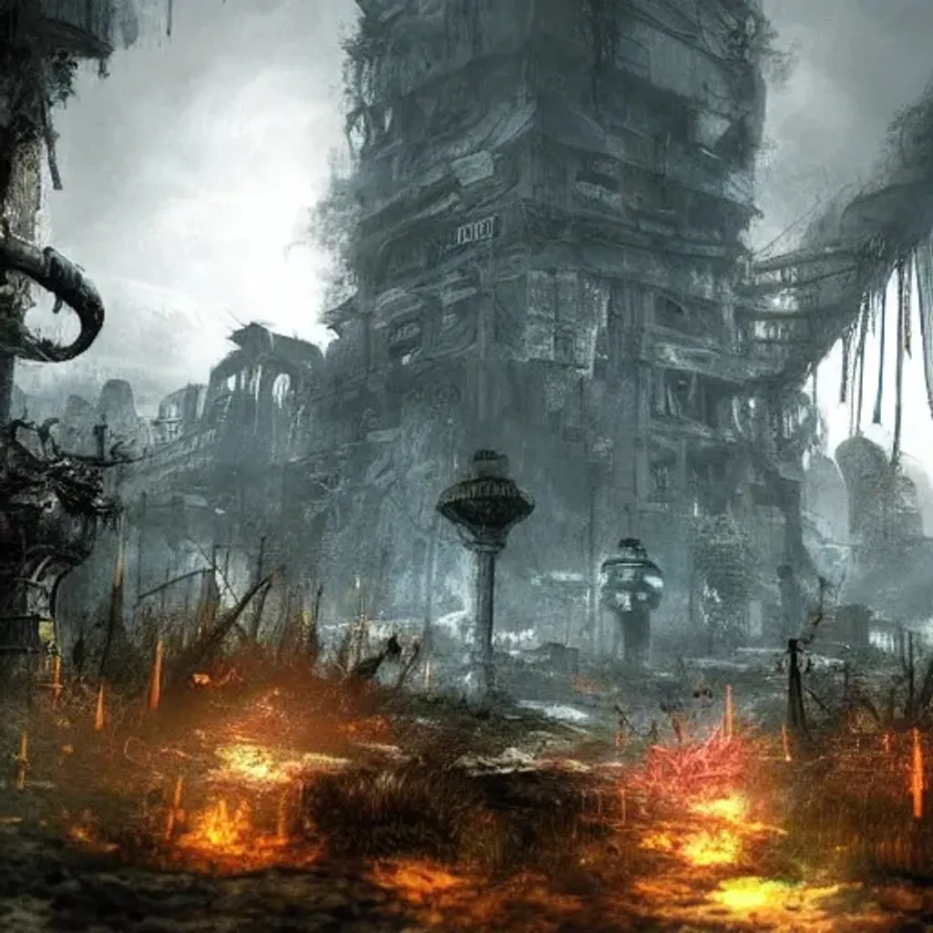 Post-apocalyptic jungle city, electric fungal corrup... | OpenArt