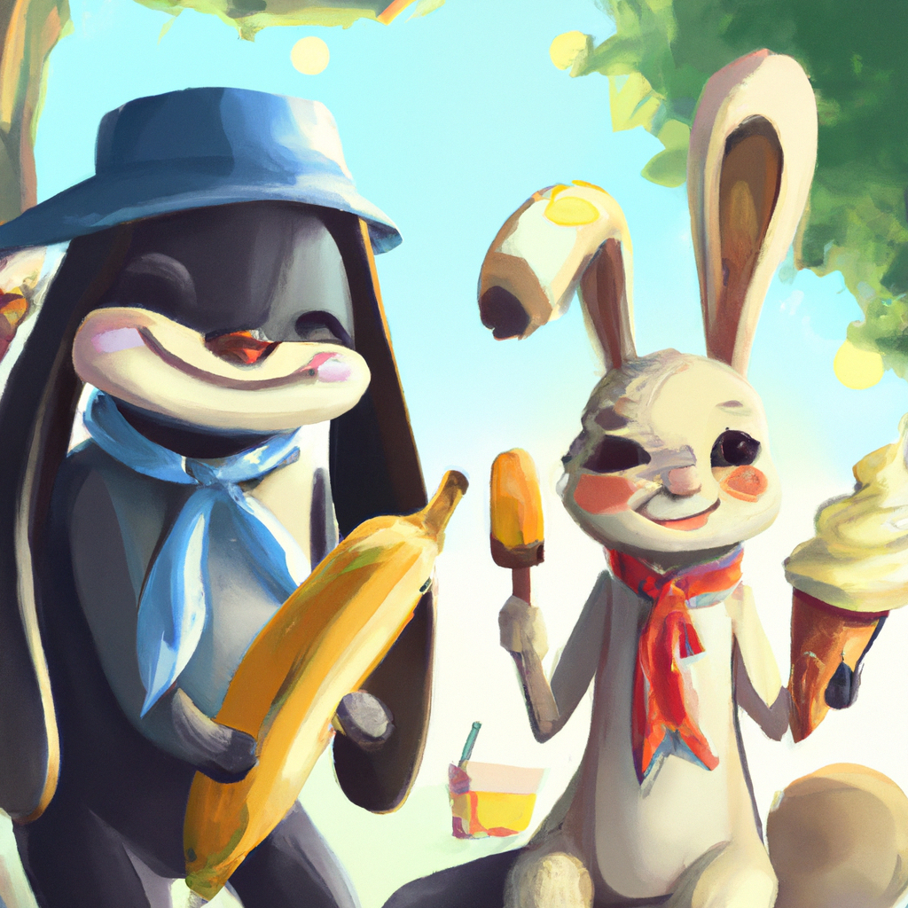 A painting of a cute banana and bunny wearing fedora... | OpenArt
