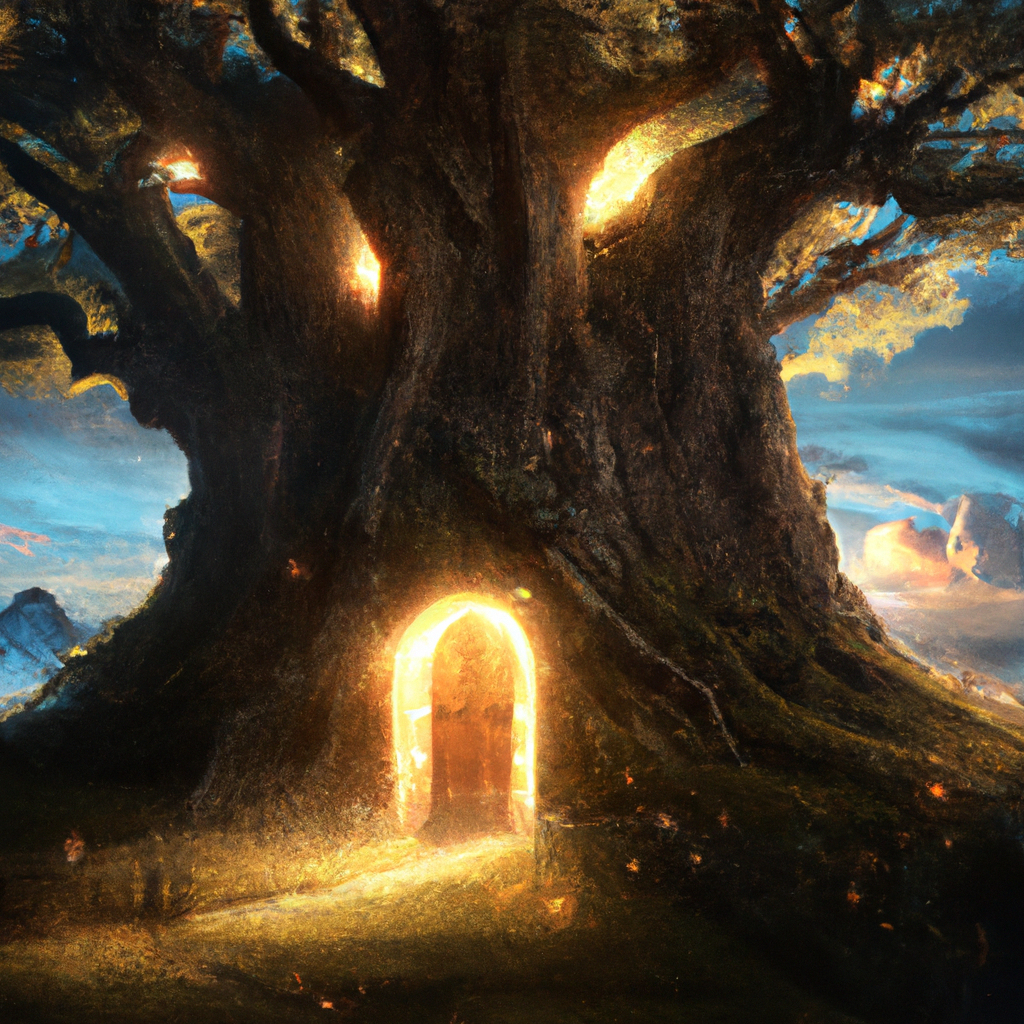 an oak tree with a magical door, a luminescent path... | OpenArt