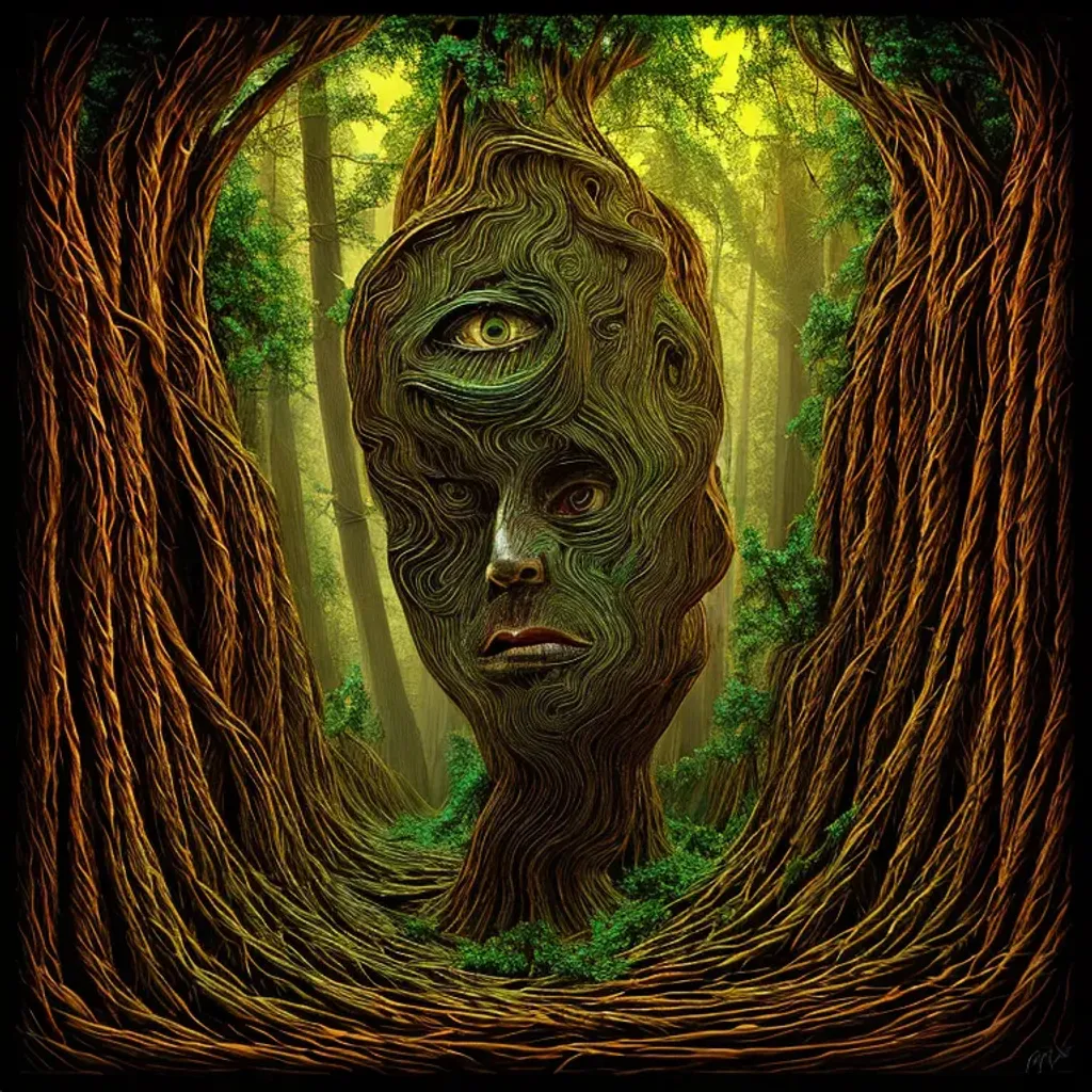 A human face made of wood and vines, 3/4 view, eyes... | OpenArt