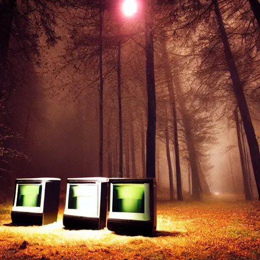 abandoned computers in dark forest at night, with fo... | OpenArt