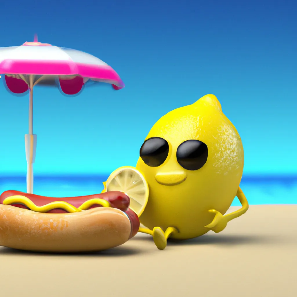 a 3d render of a lemon relaxing on the beach eating... | OpenArt