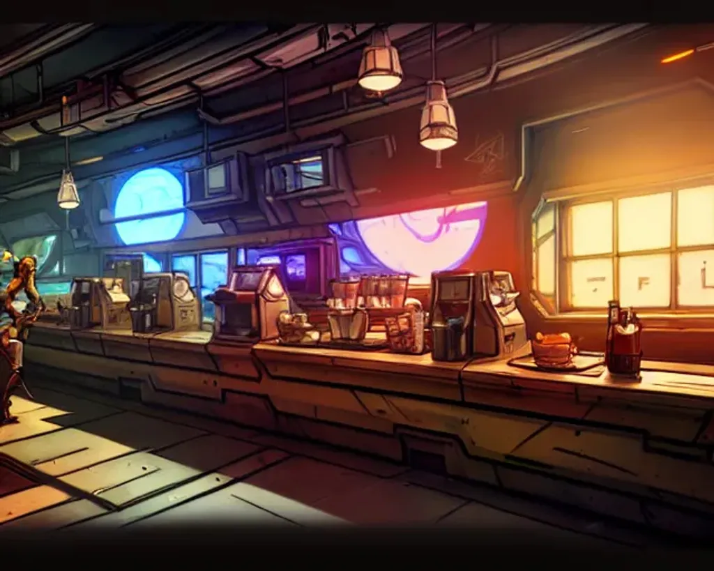 Borderlands 2 Sleek and modern low-poly coffee shop...