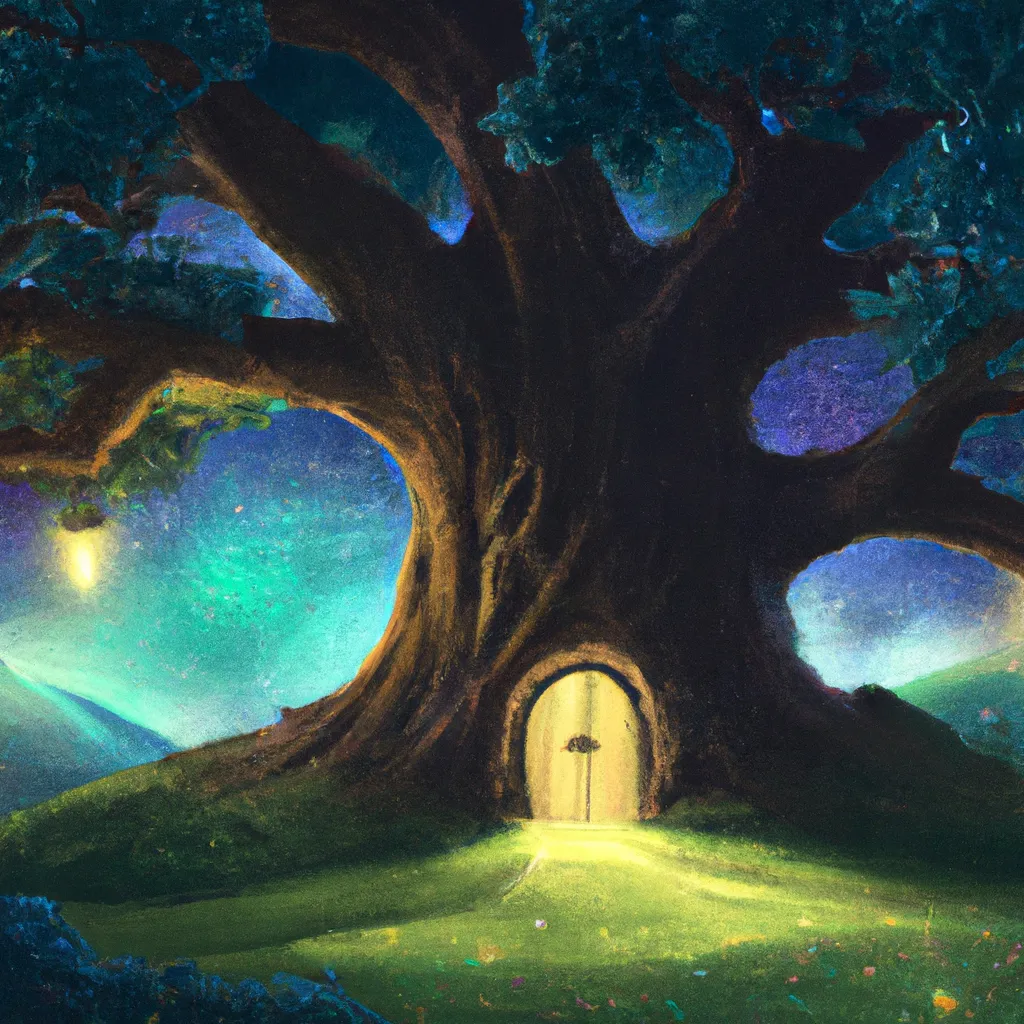an oak tree with a magical door, a luminescent path... | OpenArt
