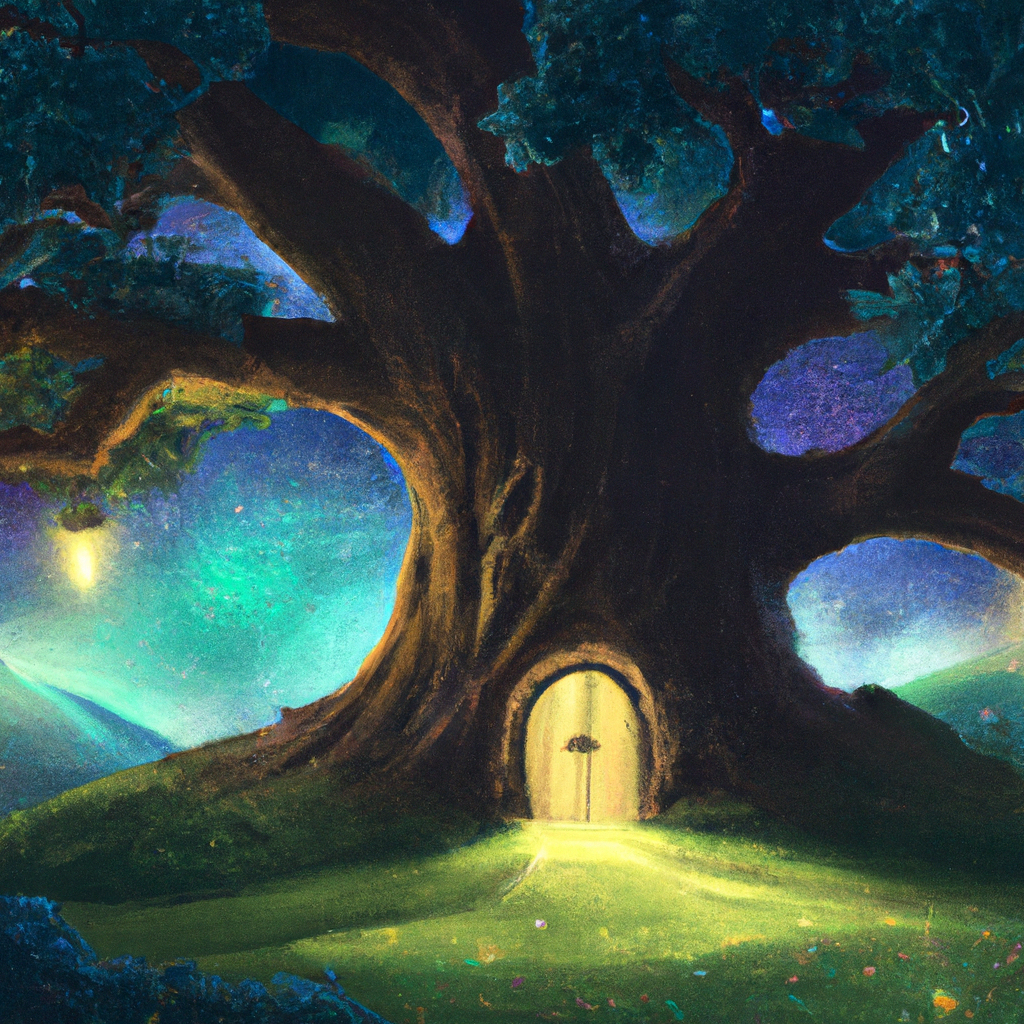 an oak tree with a magical door, a luminescent path... | OpenArt
