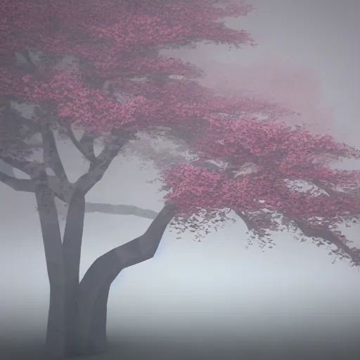 low poly cherry blossom tree in the fog, in the morn... | OpenArt