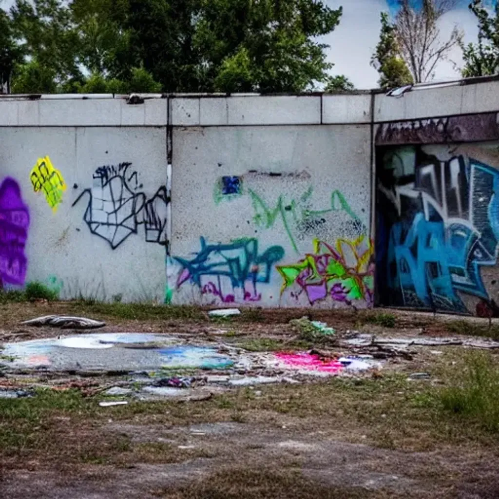 abandoned playground, broken glass, graffiti on wall... | OpenArt