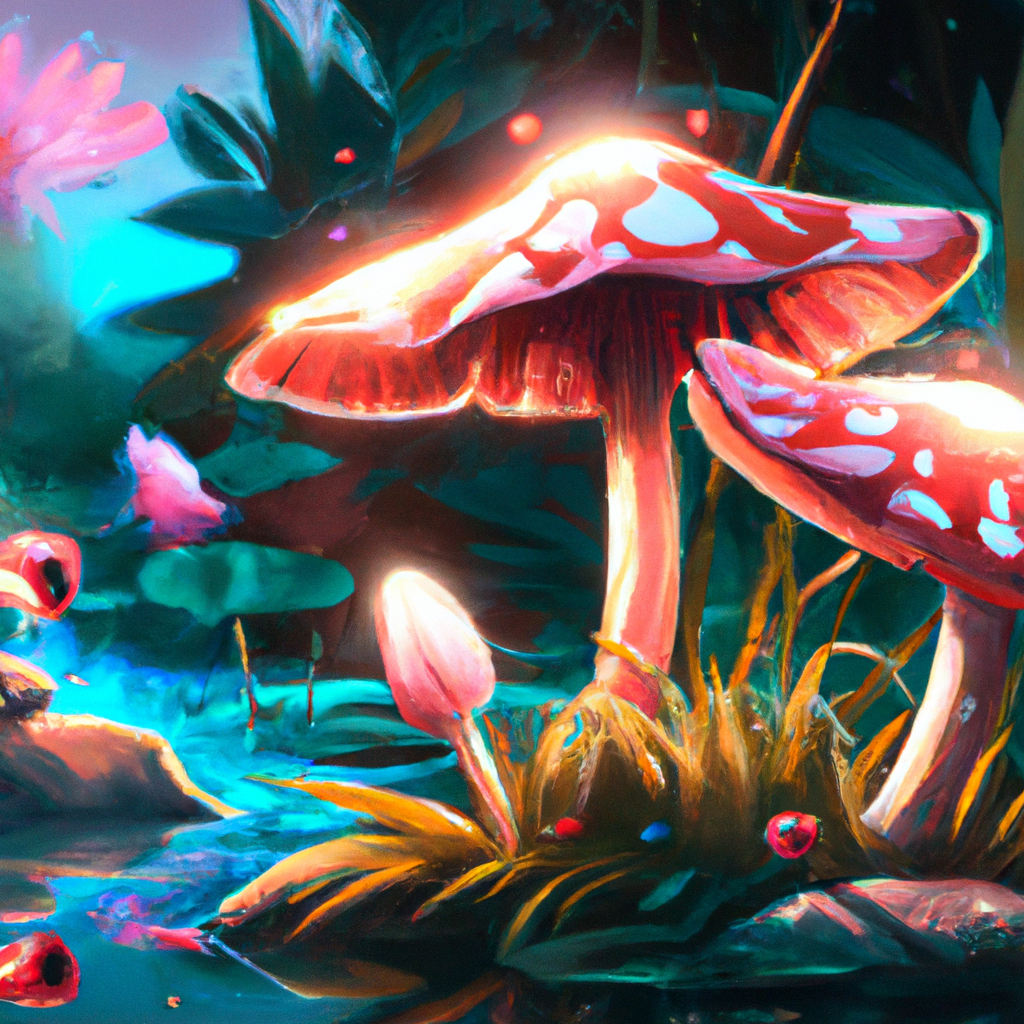 A digital illustration of glowing toadstools beside...