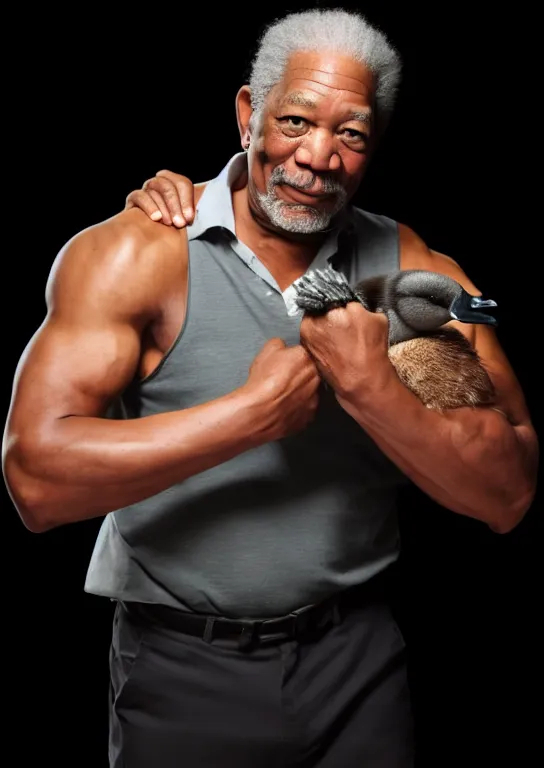 Morgan Freeman holding a duck, yolked, muscle, flex,... | OpenArt