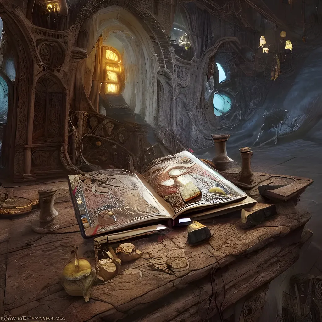 mdjrny-v4 style, magic spell book sitting on a table...