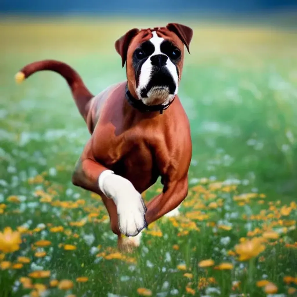 a boxer breed of dog prancing through a field of dai... | OpenArt