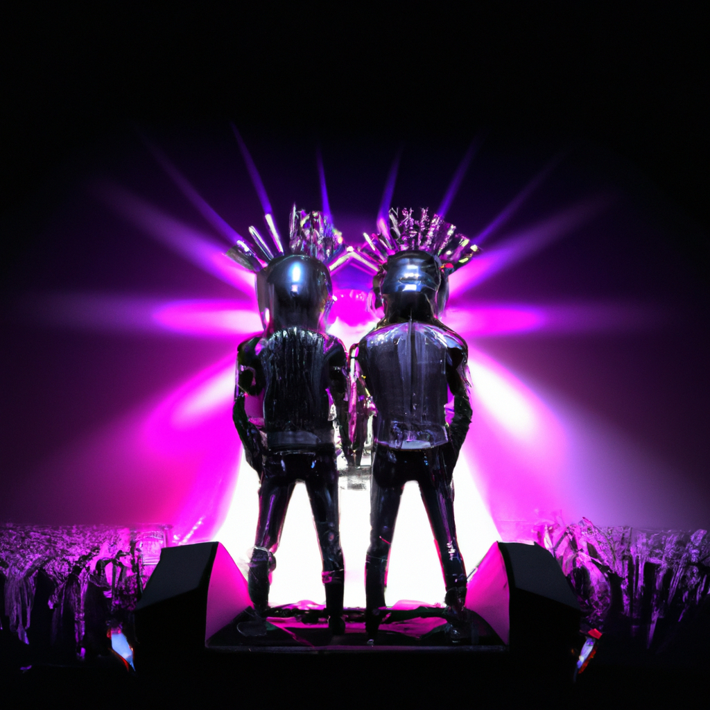 Daft Punk in a large concert, huge crowd in audience... | OpenArt