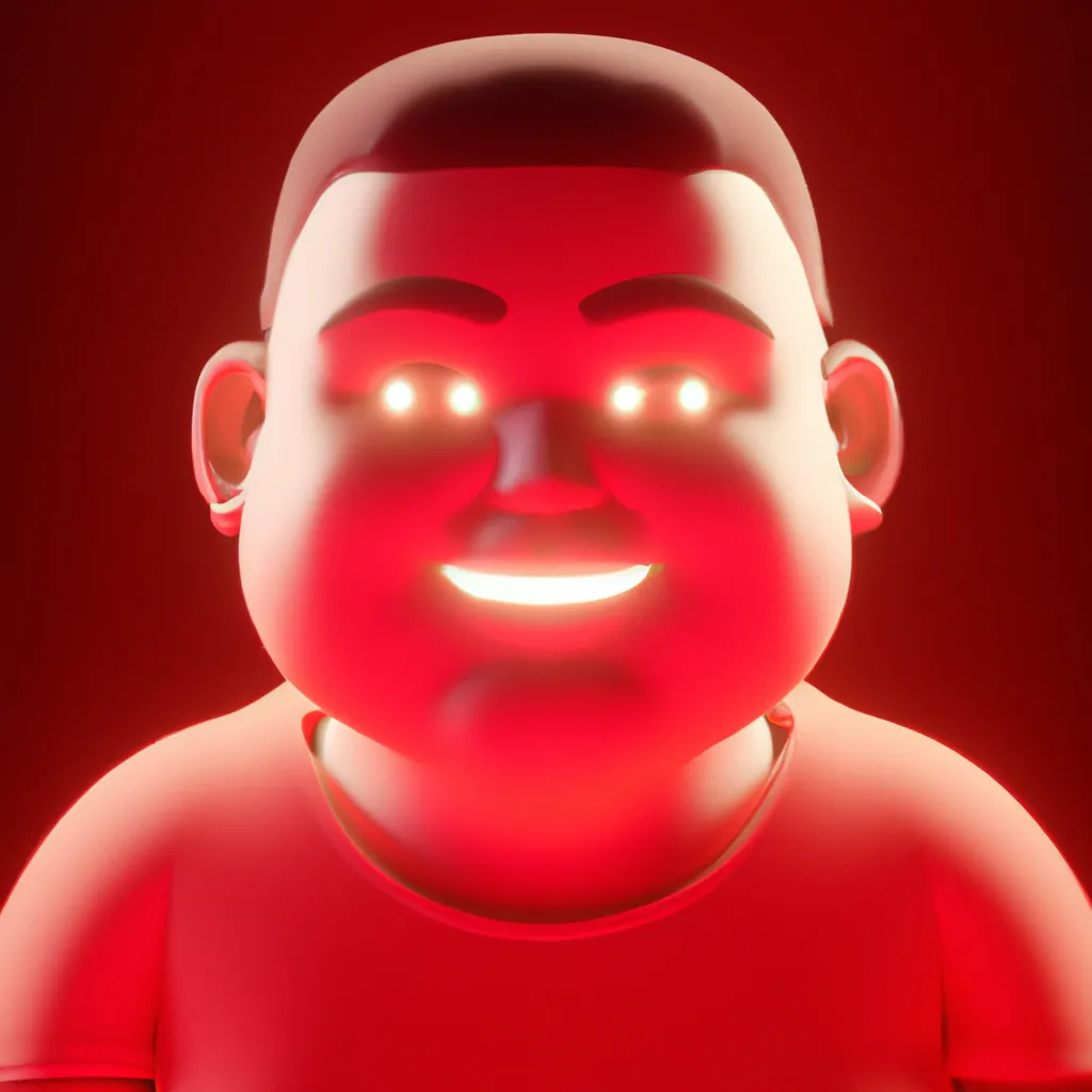 A 3d chubby avatar of guy. Red lights. Red backgroun... | OpenArt