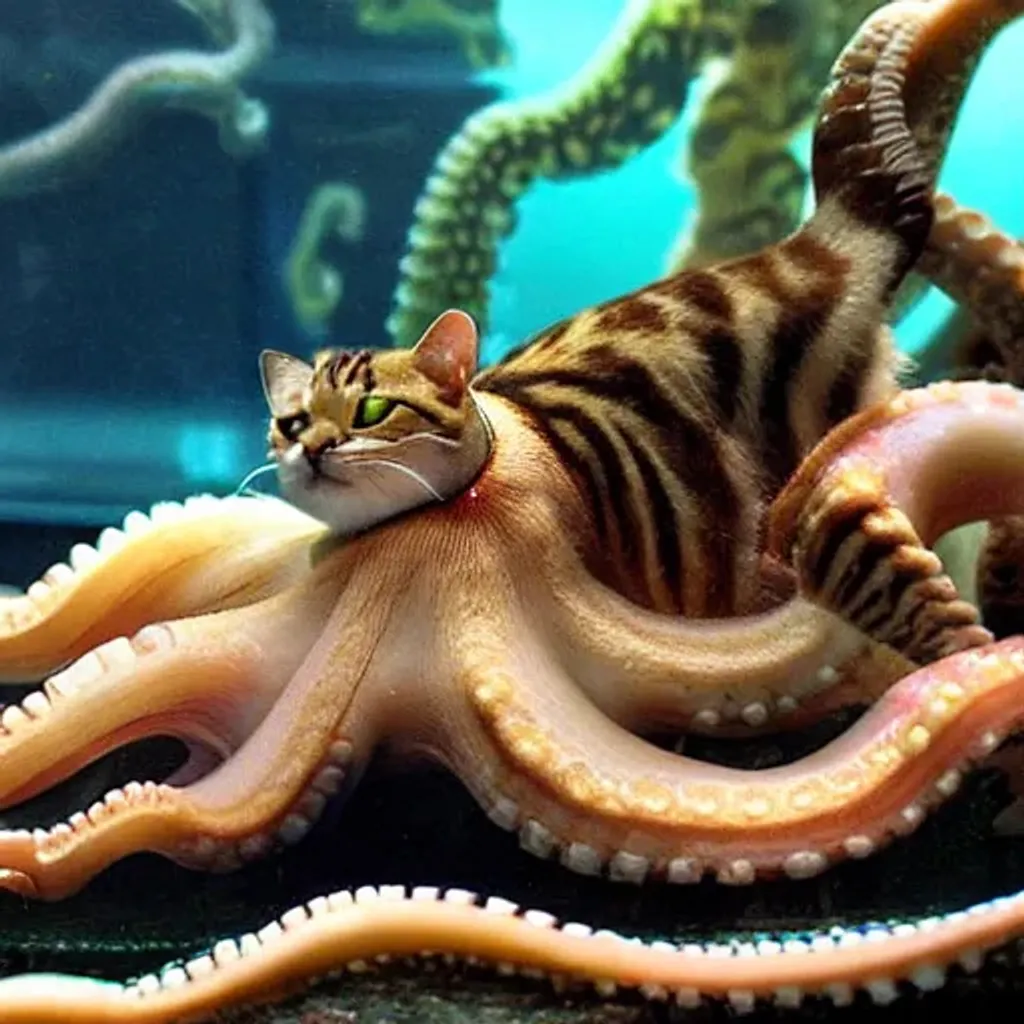 half octopus and half tabby cat, in a dramatic aquarium | OpenArt