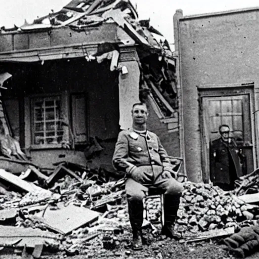 Soviet solider sitting in a destroyed house in Mosco... | OpenArt