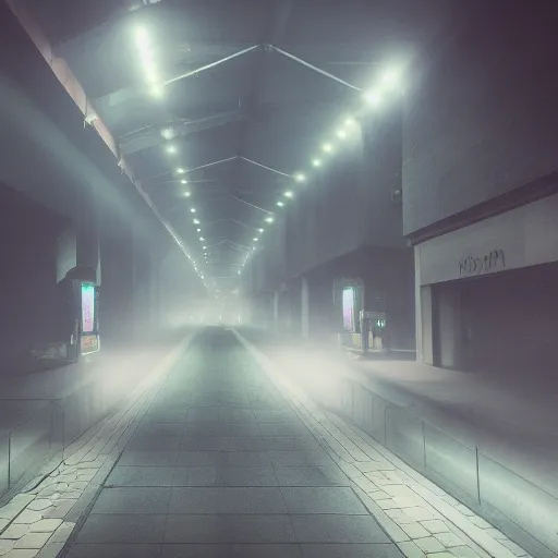 liminal space cyberpunk mall in the fog at night | OpenArt