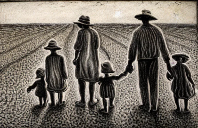 charcoal drawing of an impoverished 1920's family mi... | OpenArt