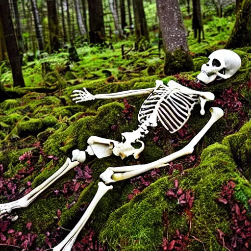 a human skeleton on the forest floor overgrown with...