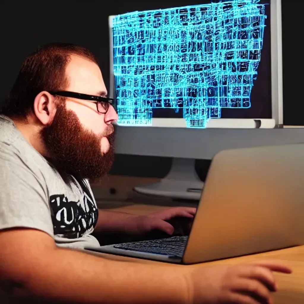 Fat, hairy man sitting on computer in dark room gene...