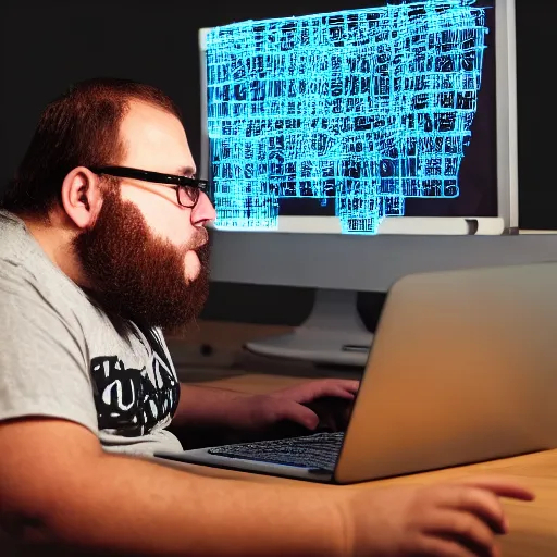 Fat, hairy man sitting on computer in dark room gene...