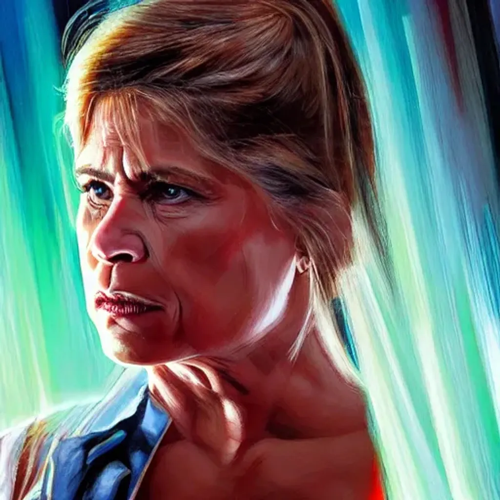 Sara Conner aka Linda Hamilton closeup illustration,... | OpenArt