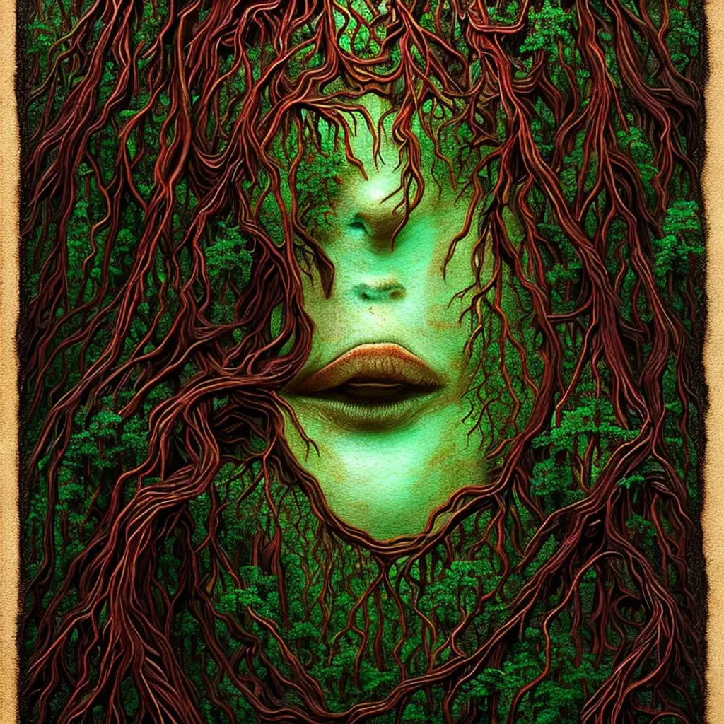 A human face made of wood and vines, 3/4 view, eyes... | OpenArt