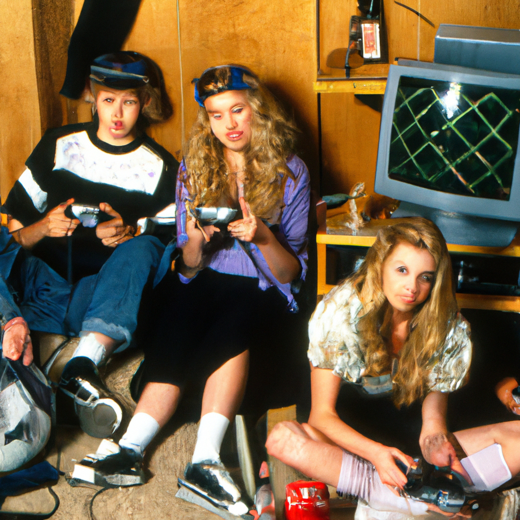 Teenagers in the 90s playing video games in a basement | OpenArt
