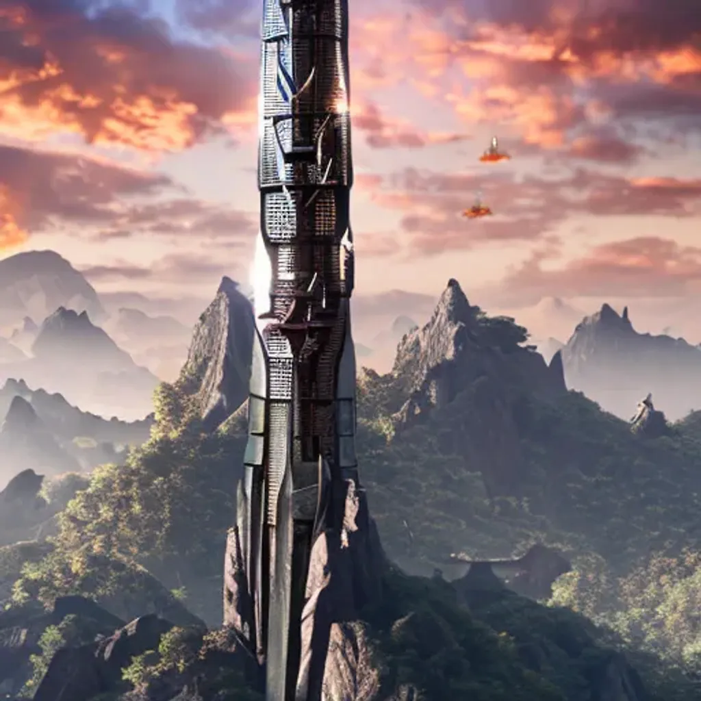 a huge futuristic metallic tower rises out of a moun... | OpenArt