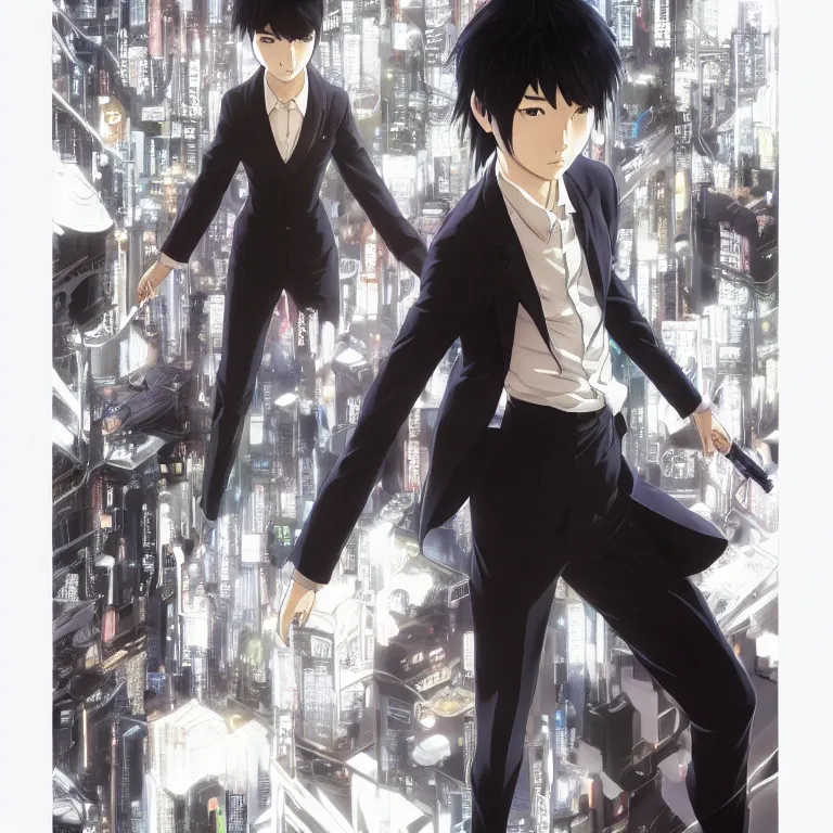 full body portrait of a japanese butler, shaded ligh...