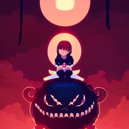cute smiling demon sitting on a pile of skulls. clea... | OpenArt