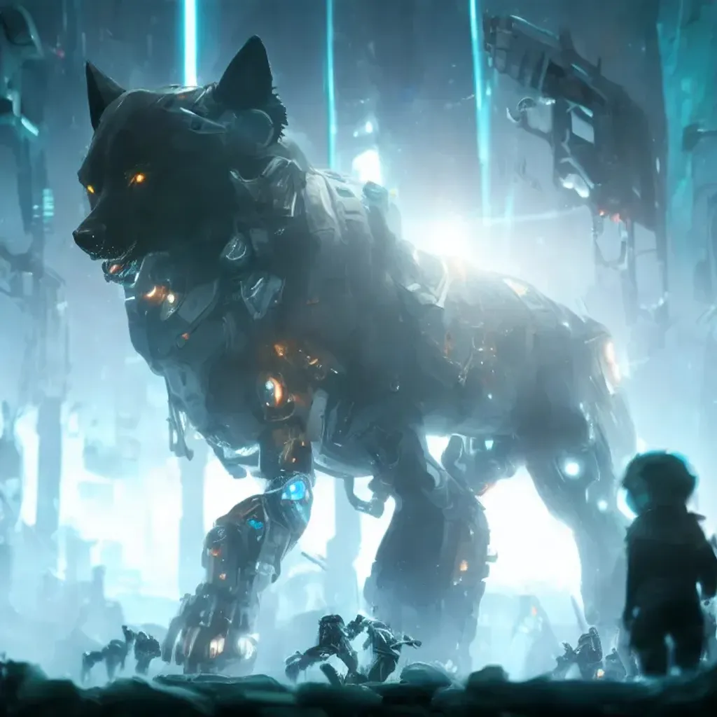splash art of a giant cyborg wolf next to small huma... | OpenArt