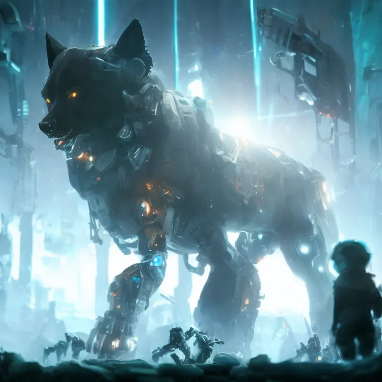 splash art of a giant cyborg wolf next to small huma... | OpenArt