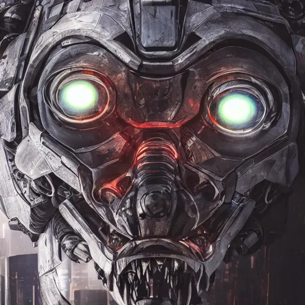 a close up of a robot's face with red eyes, fractal... | OpenArt
