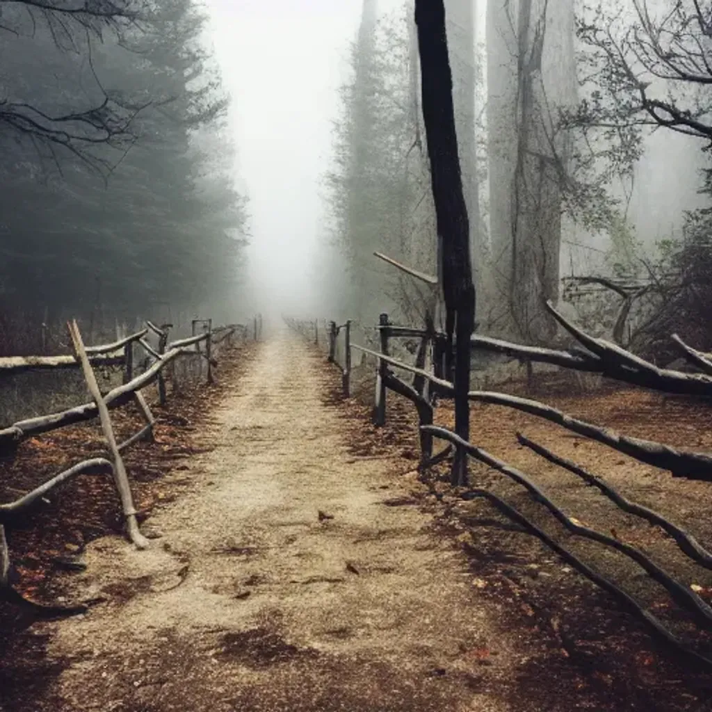 stone path through forest, dead trees, broken fence,... | OpenArt