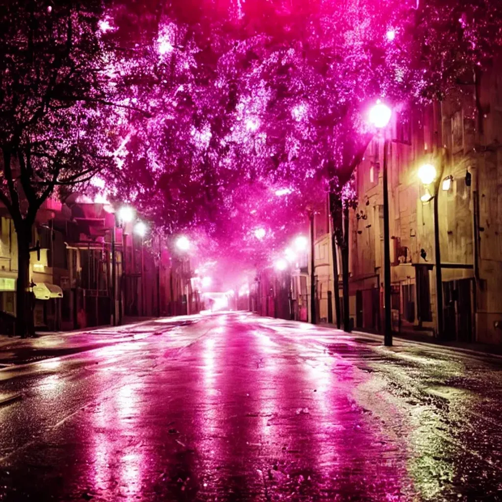 Lonely street road with pink lights and rain | OpenArt