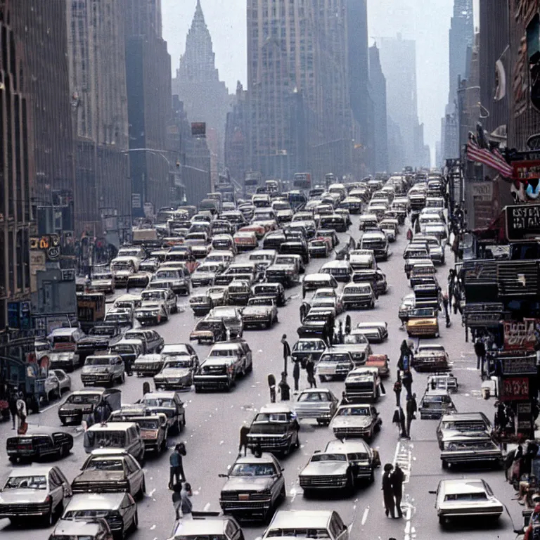 A busy new york street in the 1980s