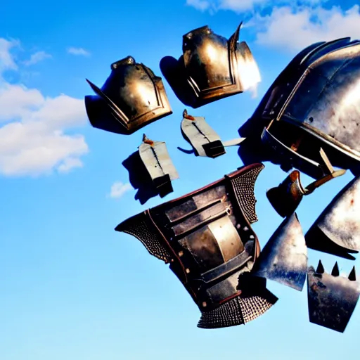pieces of armor set floating on a blue sky | OpenArt