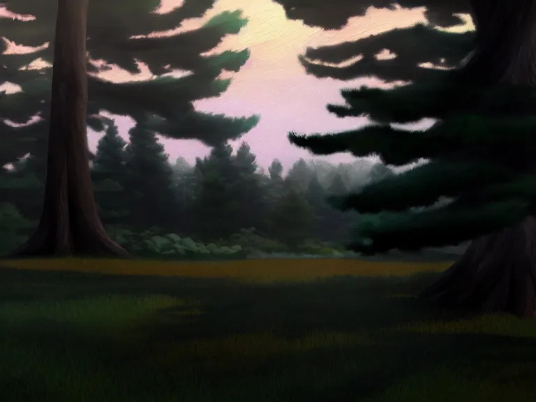Park with pine trees at dusk, anime, oil painting, h... | OpenArt