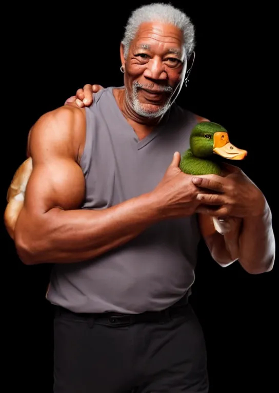 Morgan Freeman holding a duck, yolked, muscle, 4K, 8... | OpenArt