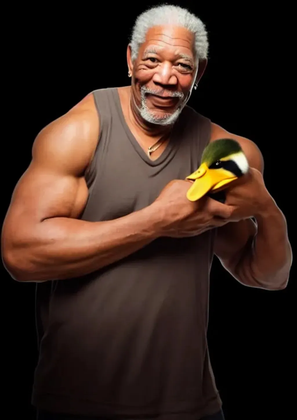 Morgan Freeman holding a duck, yolked, muscle, 4K, 8... | OpenArt