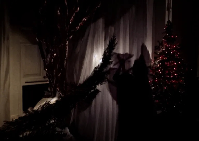 sleep paralysis demon hiding behind christmas tree | OpenArt