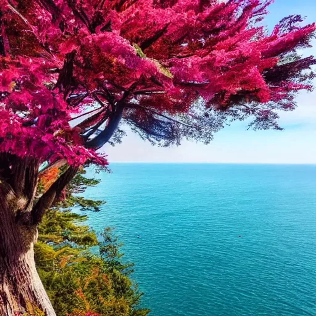 beautifull view of clif with tree with pink leaves,... | OpenArt