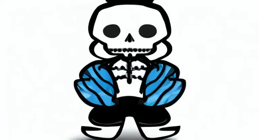 short skeleton with blue eyes and a blue jacket whit...