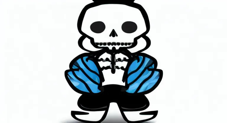 short skeleton with blue eyes and a blue jacket whit...