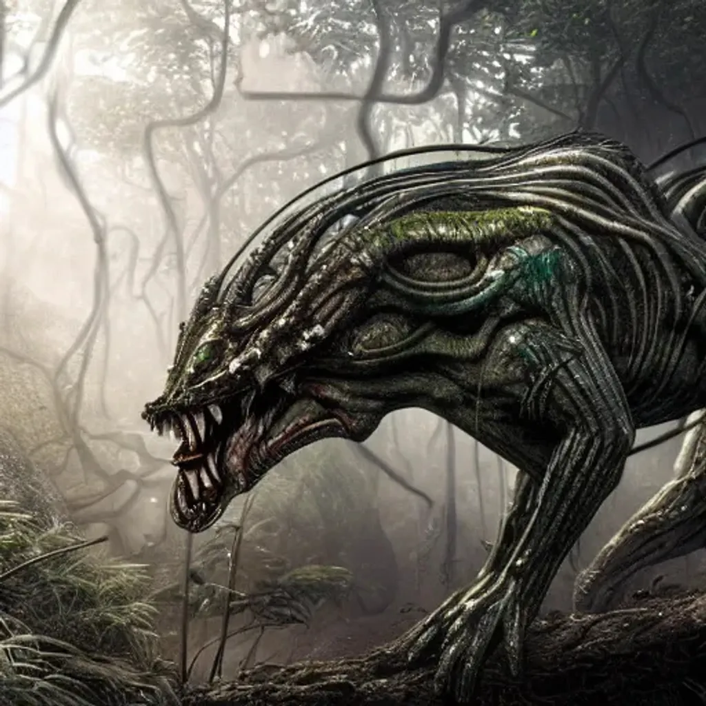 A dinosaur xenomorph that in a jungle, hyper realist... | OpenArt