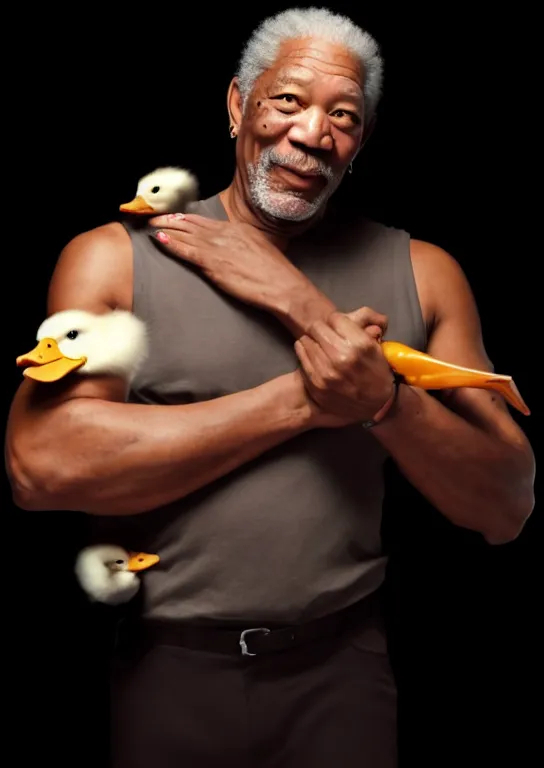 Morgan Freeman holding a duck, yolked, muscle, 4K, 8... | OpenArt