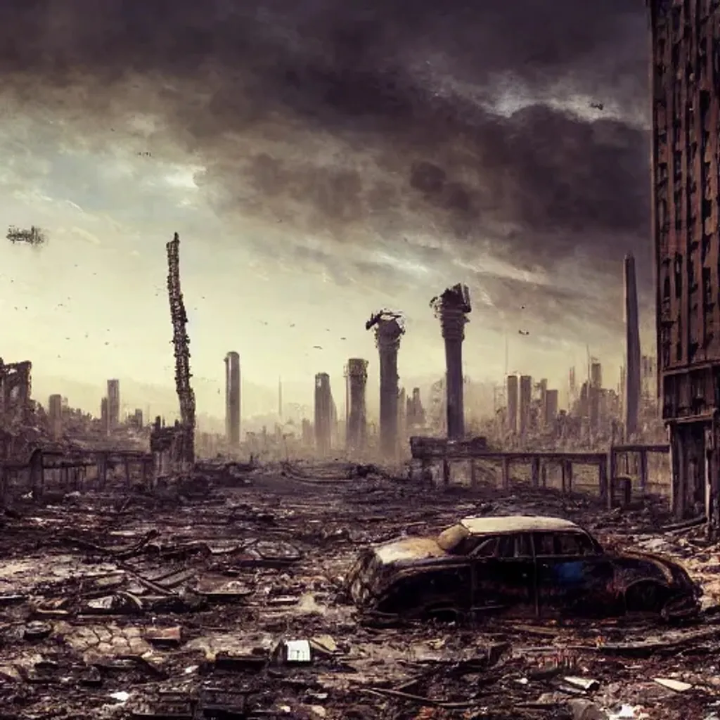 A painting of City in ruins, grim depressing, Modern... | OpenArt