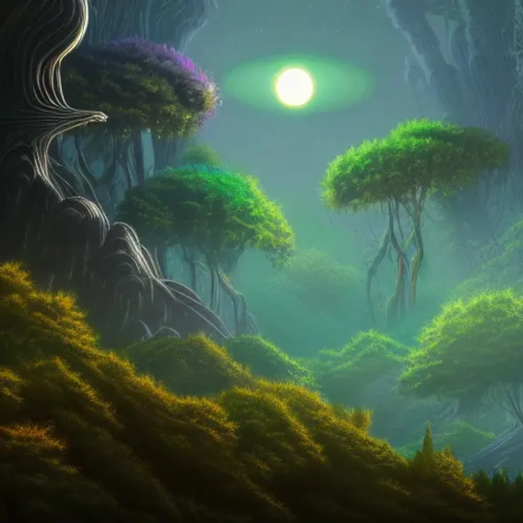 Iridescent alien forest, mountain in the background,... | OpenArt