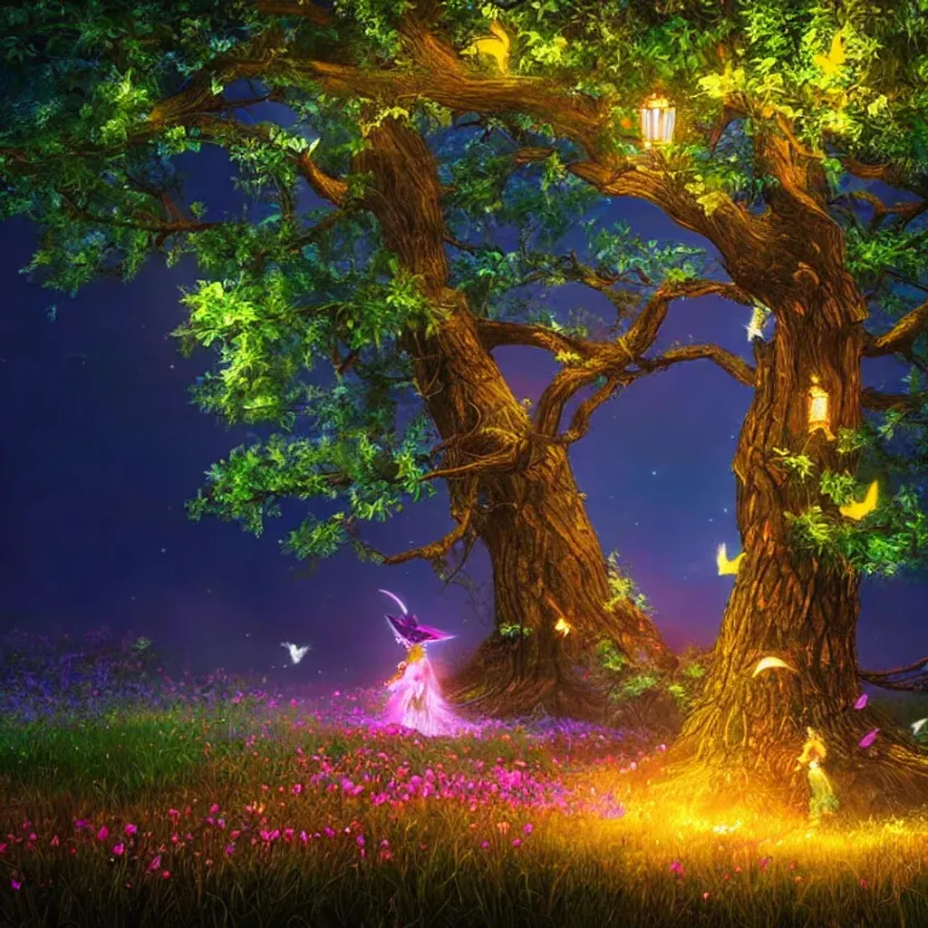 beautiful painting of a tree with fairies flying, gl... | OpenArt