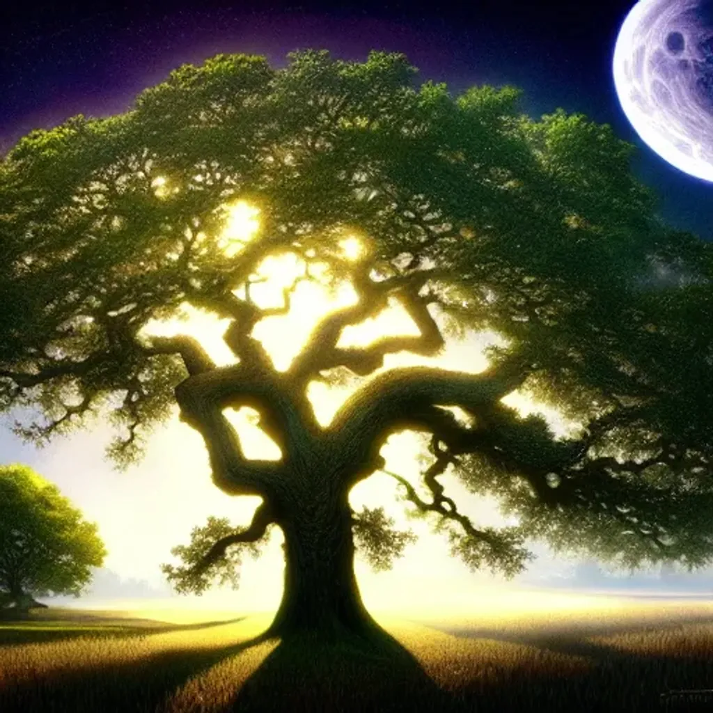 image of an oak tree, majestic, giant, night-time, d... | OpenArt